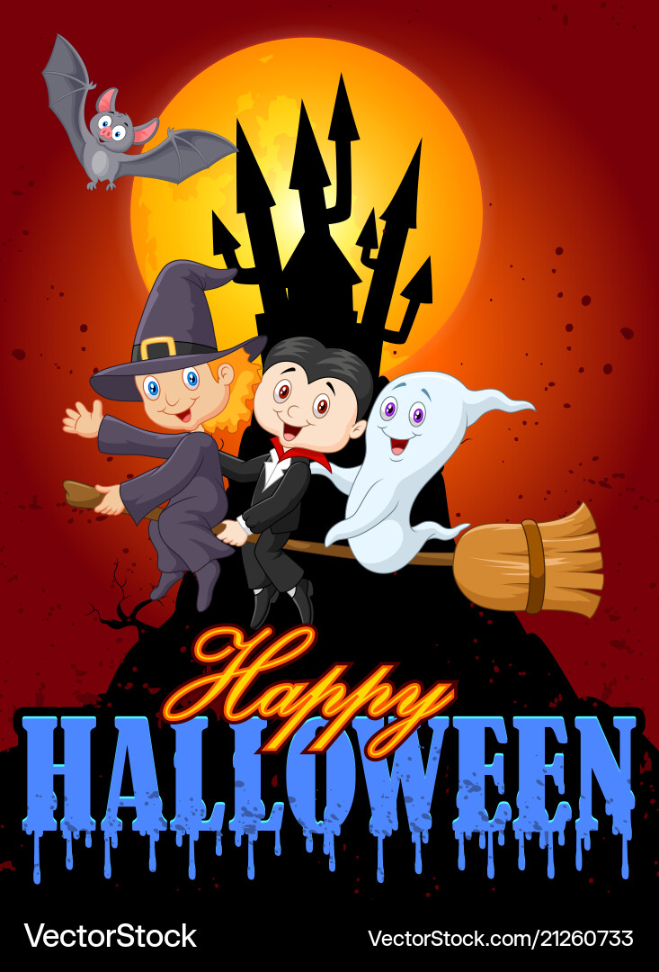 Cartoon children and ghost with big moon Vector Image