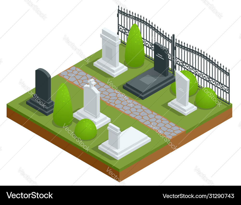 Isometric rows tombstones in cemetery isolated Vector Image