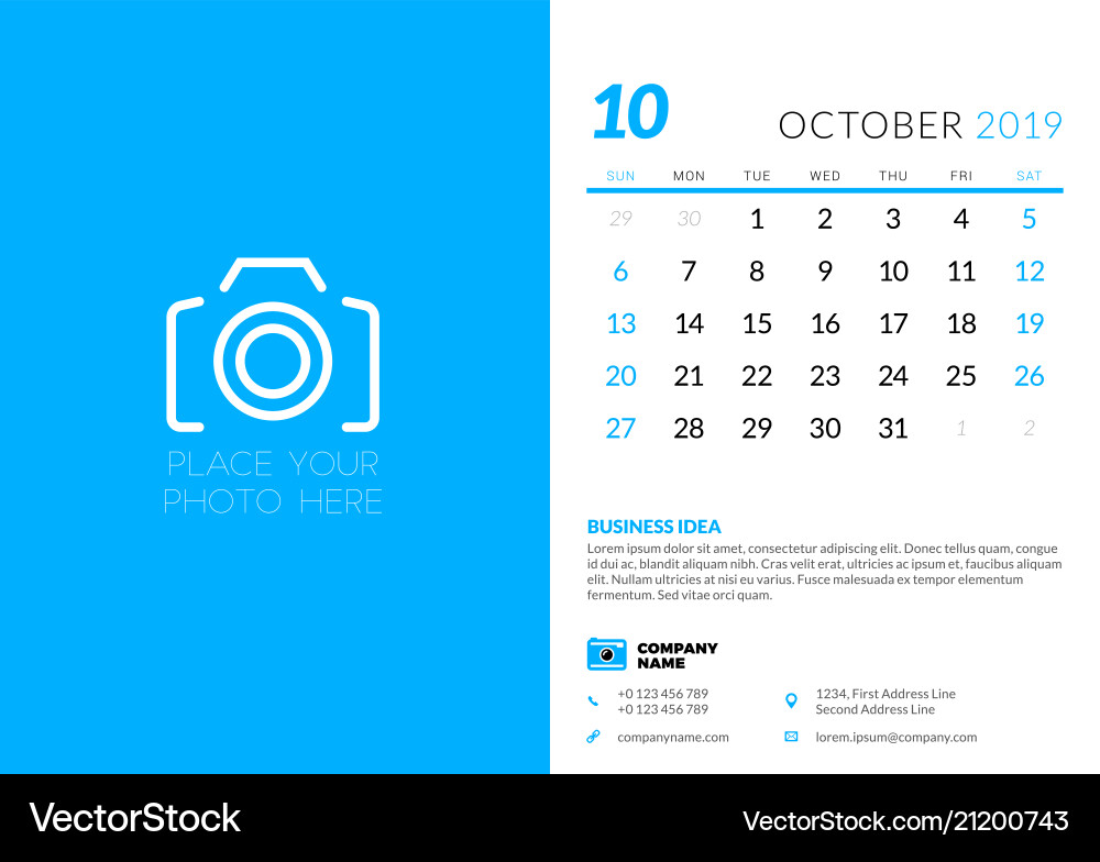 October 2019 desk calendar design template Vector Image