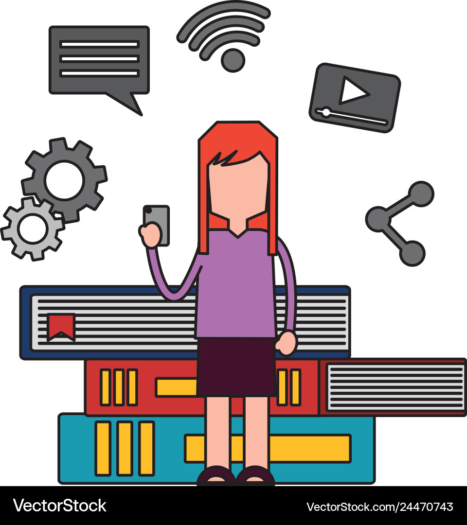 Woman using mobile books social media Royalty Free Vector