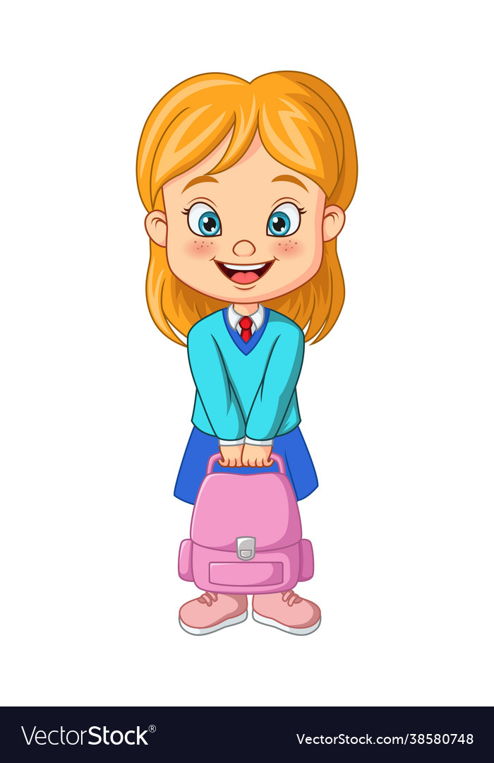 Cartoon happy school girl holding backpack Vector Image