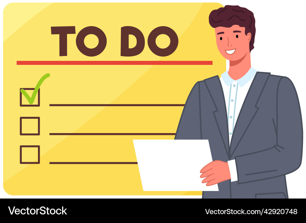 Man works with daily plan list of task time Vector Image
