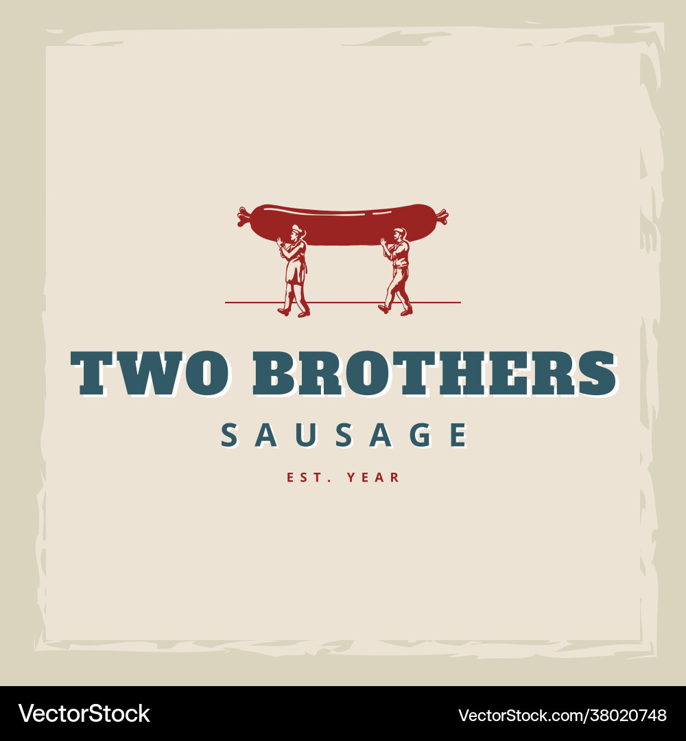 Two man lifting big sausage for meat logo Vector Image