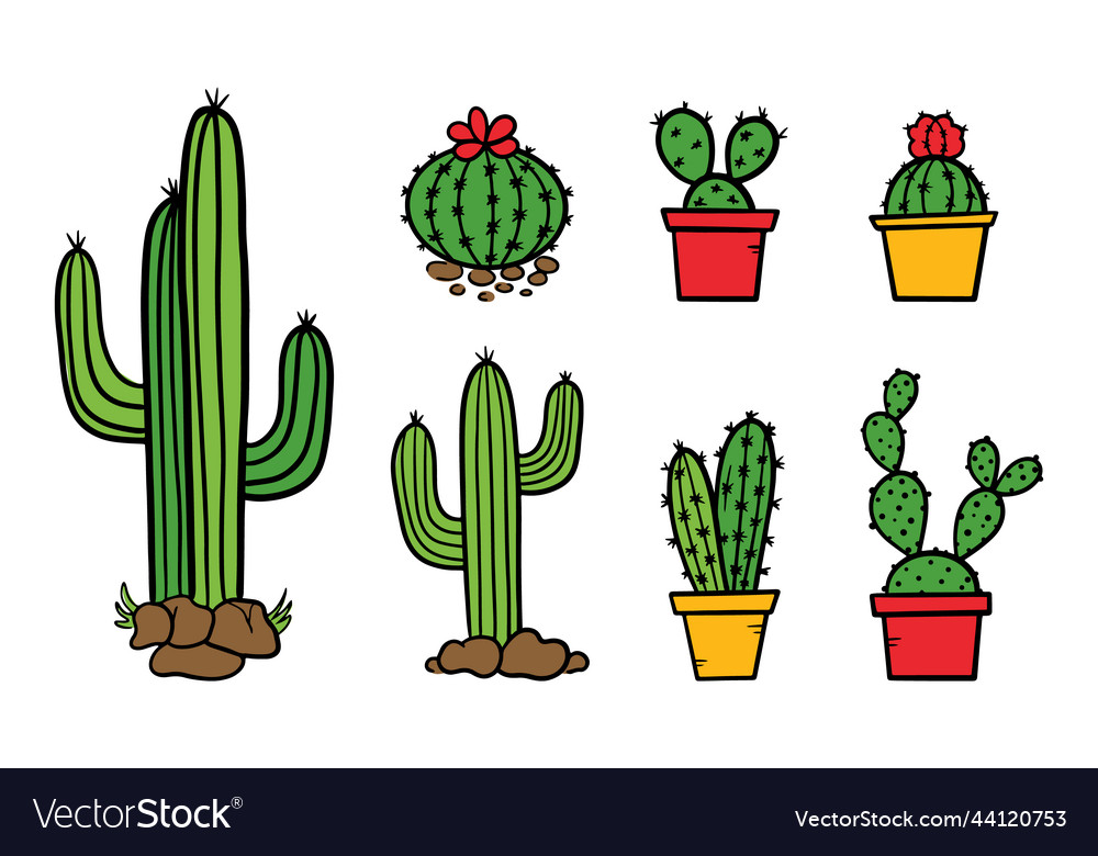 Doodle hand drawn cactus cacti succulents icons Vector Image