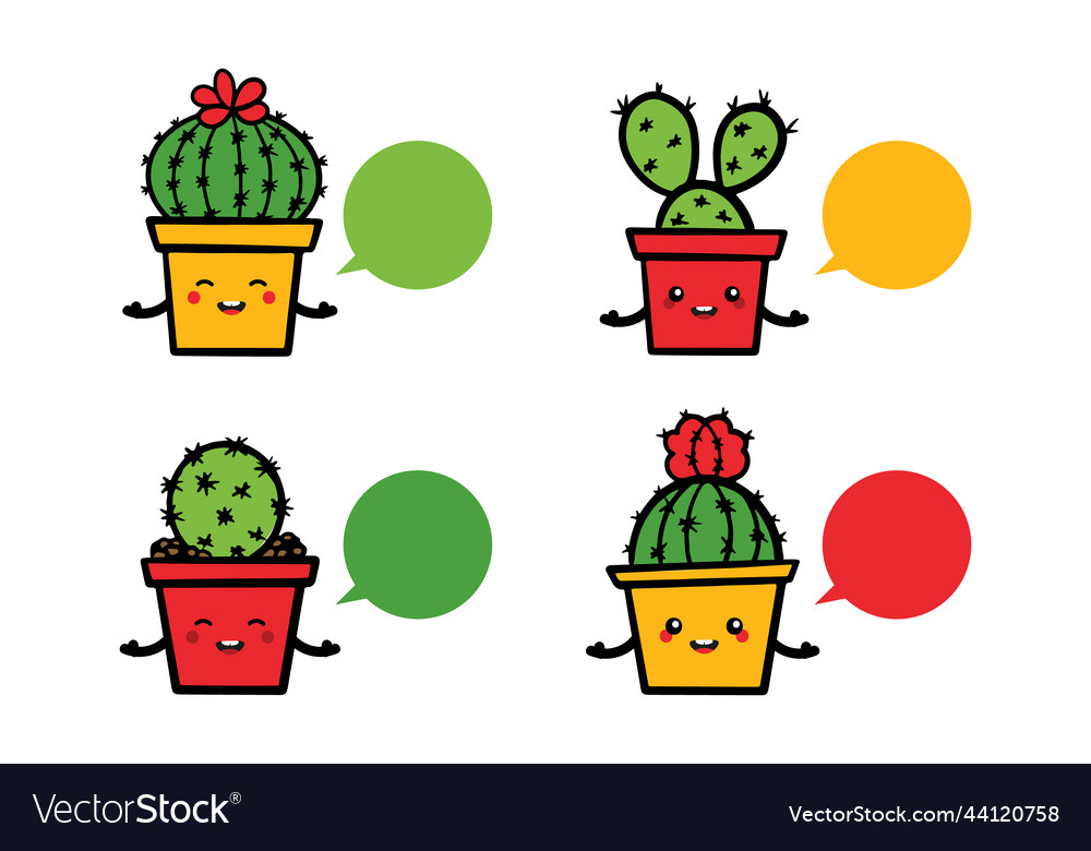 Cacti Succulents In Pot Characters Speech Bubbles Vector Image