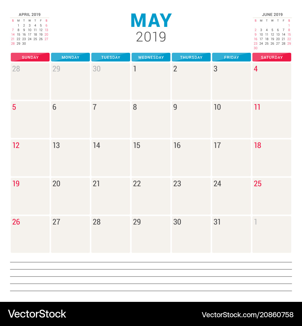 Calendar planner for may 2019 week starts Vector Image