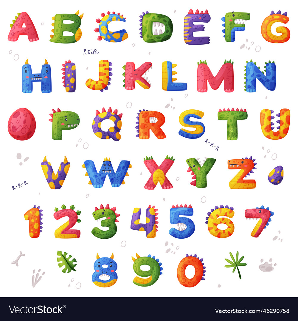 Dinosaur alphabet letters and numbers dino font Vector Image
