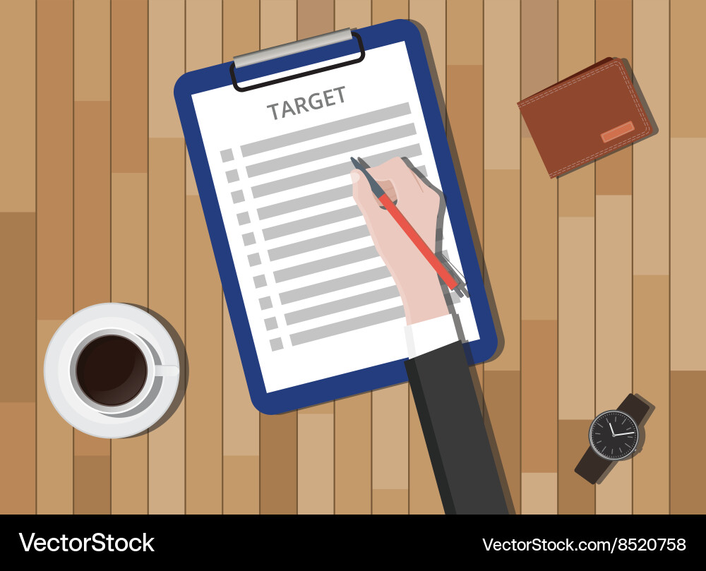 Target checklist with clipboard and coffee wallet Vector Image