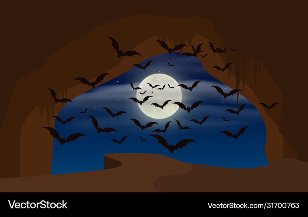 Bats in cave in full moon night Royalty Free Vector Image