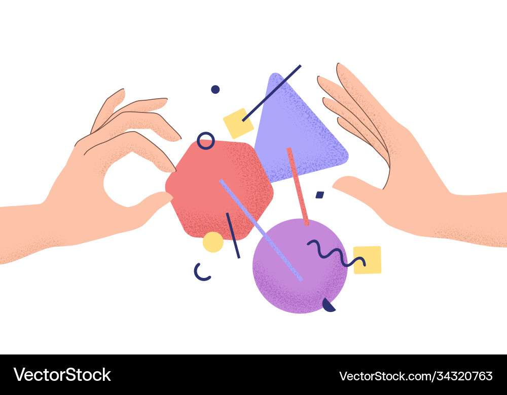 Cartoon human hands holding abstract geometric Vector Image