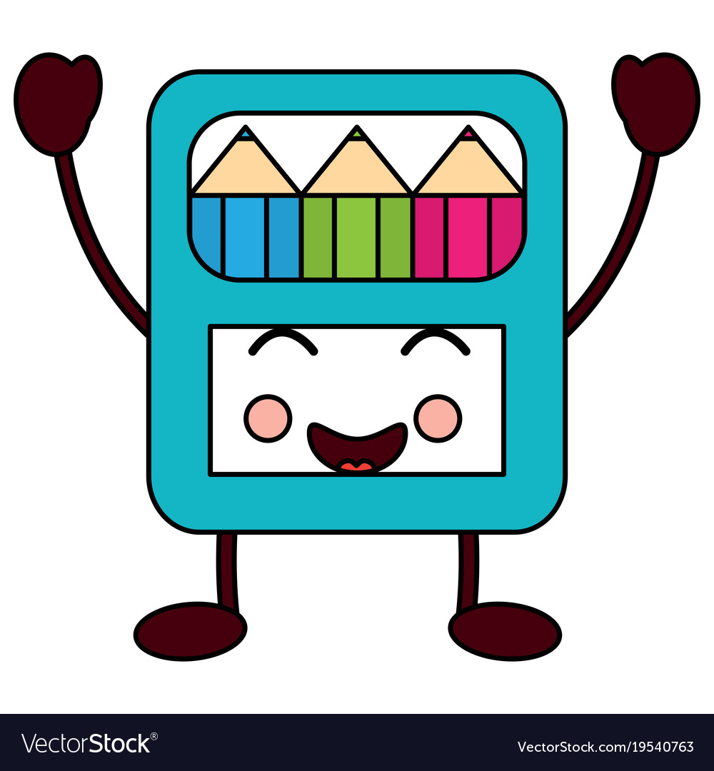 Happy colored pencils box school supplies kawaii Vector Image