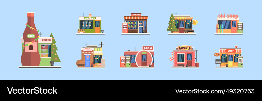 Shop building and market front view set Royalty Free Vector