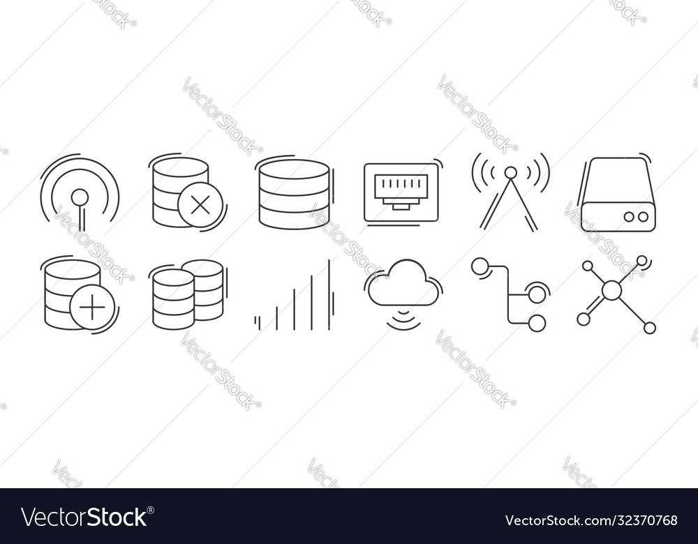 12 set linear network and database icons thin Vector Image