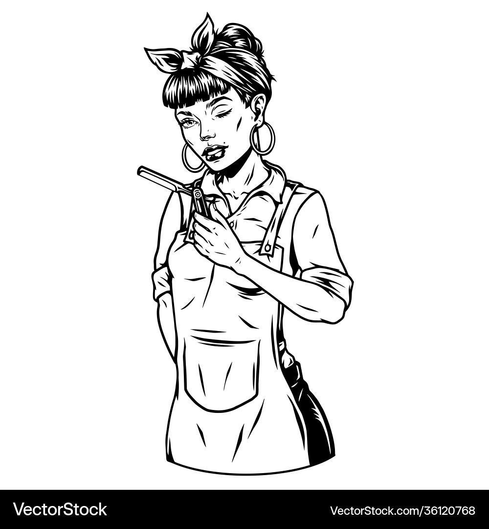 Beautiful winking barber woman Royalty Free Vector Image