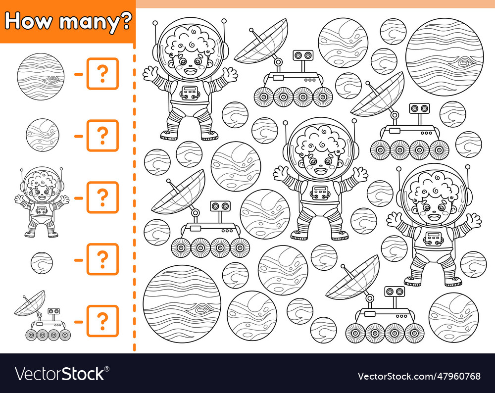 Math counting game how many outline space objects Vector Image