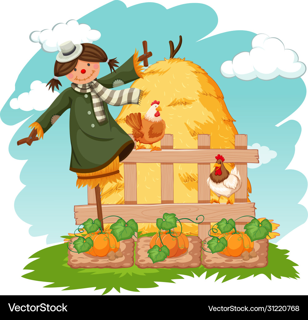 Scene with scarecrow and chickens in vegetable Vector Image