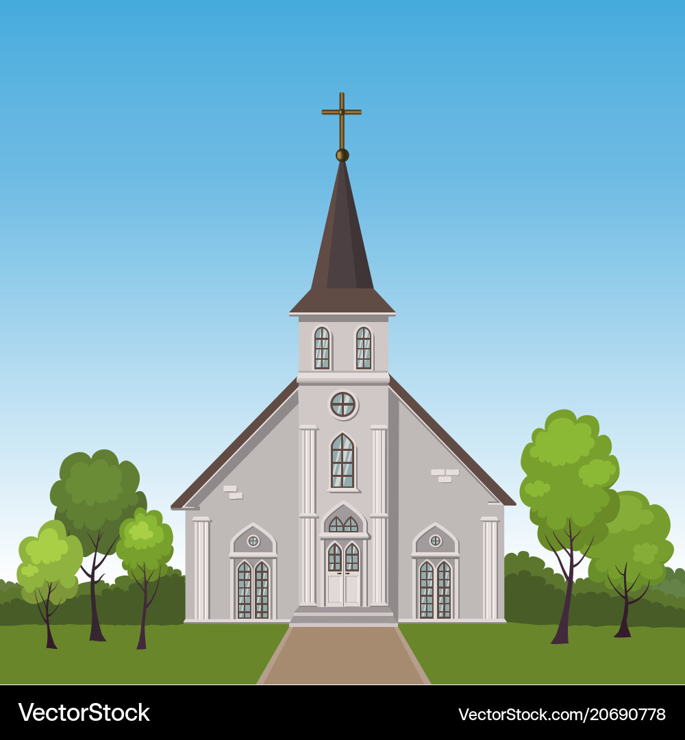 Church standing on a lawn surrounded by trees Vector Image