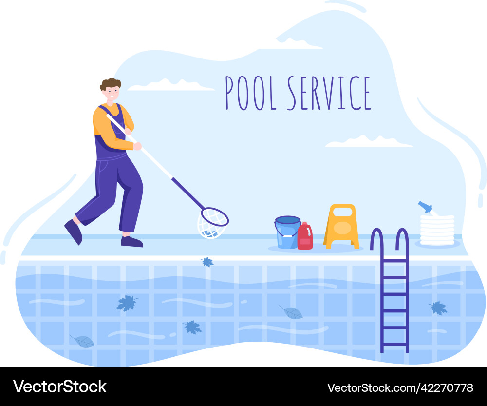 Swimming pool service worker with broom vacuum Vector Image