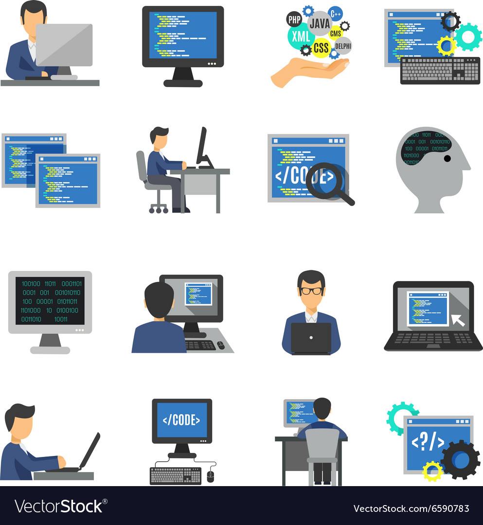 Programmer icons flat set Royalty Free Vector Image