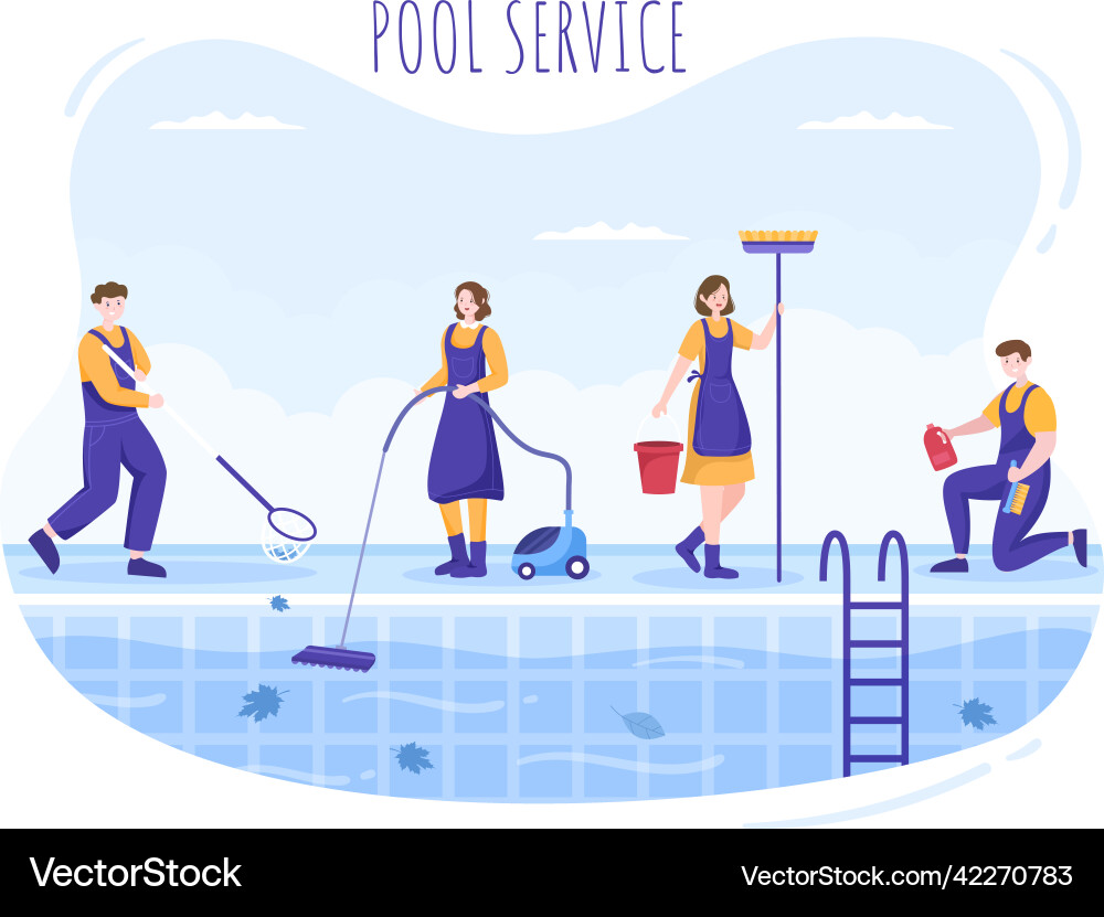 Swimming pool service worker with broom vacuum Vector Image