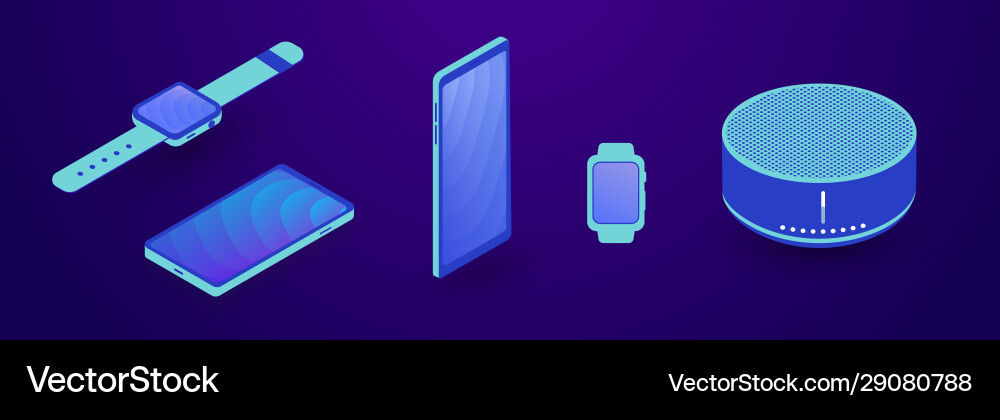 Iot smart devices gadgets in isometric neon style Vector Image