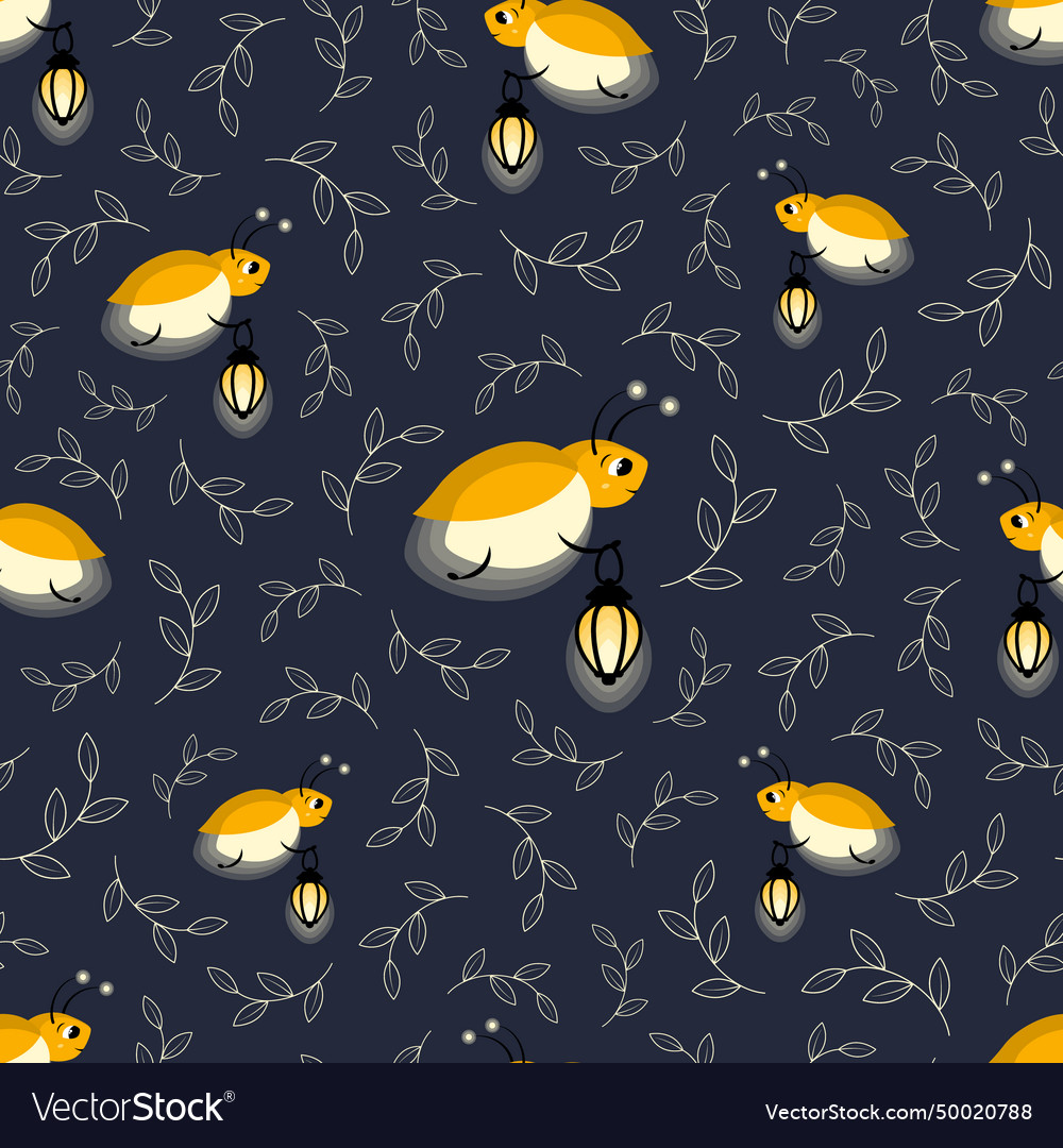 Seamless pattern with cute fireflies and leaves Vector Image