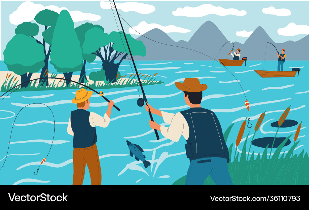 Fishing people fish with rods from shore Vector Image