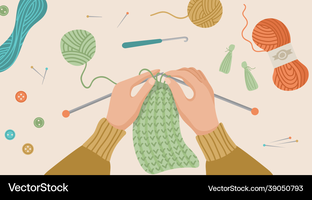 Hand knitted hands knitting knit cloth from wool Vector Image