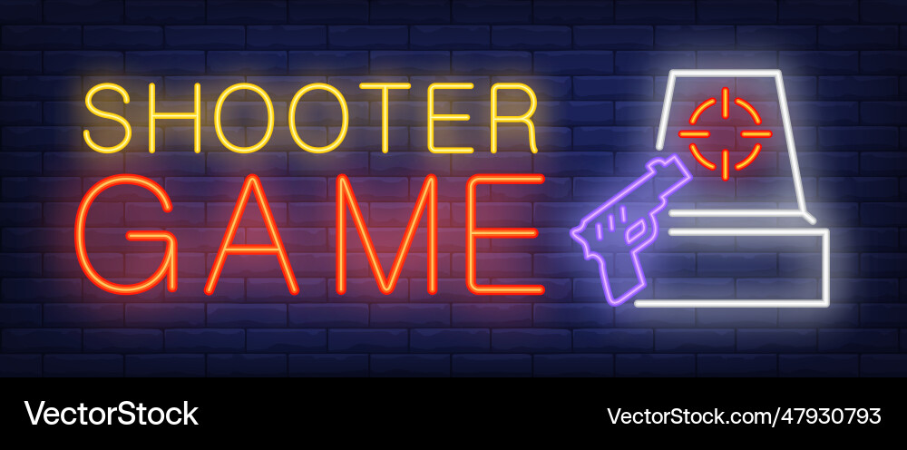 Shooter game neon text with gun and target Vector Image