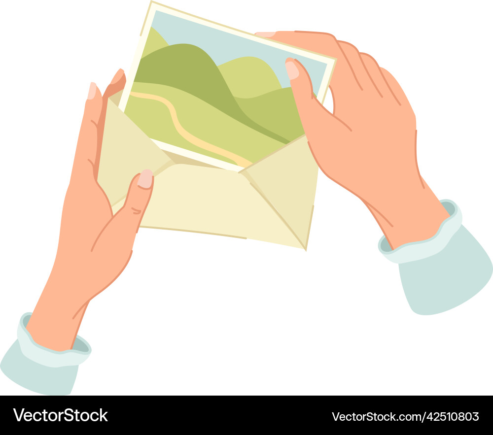 Hand opening envelope with picture card depicting Vector Image