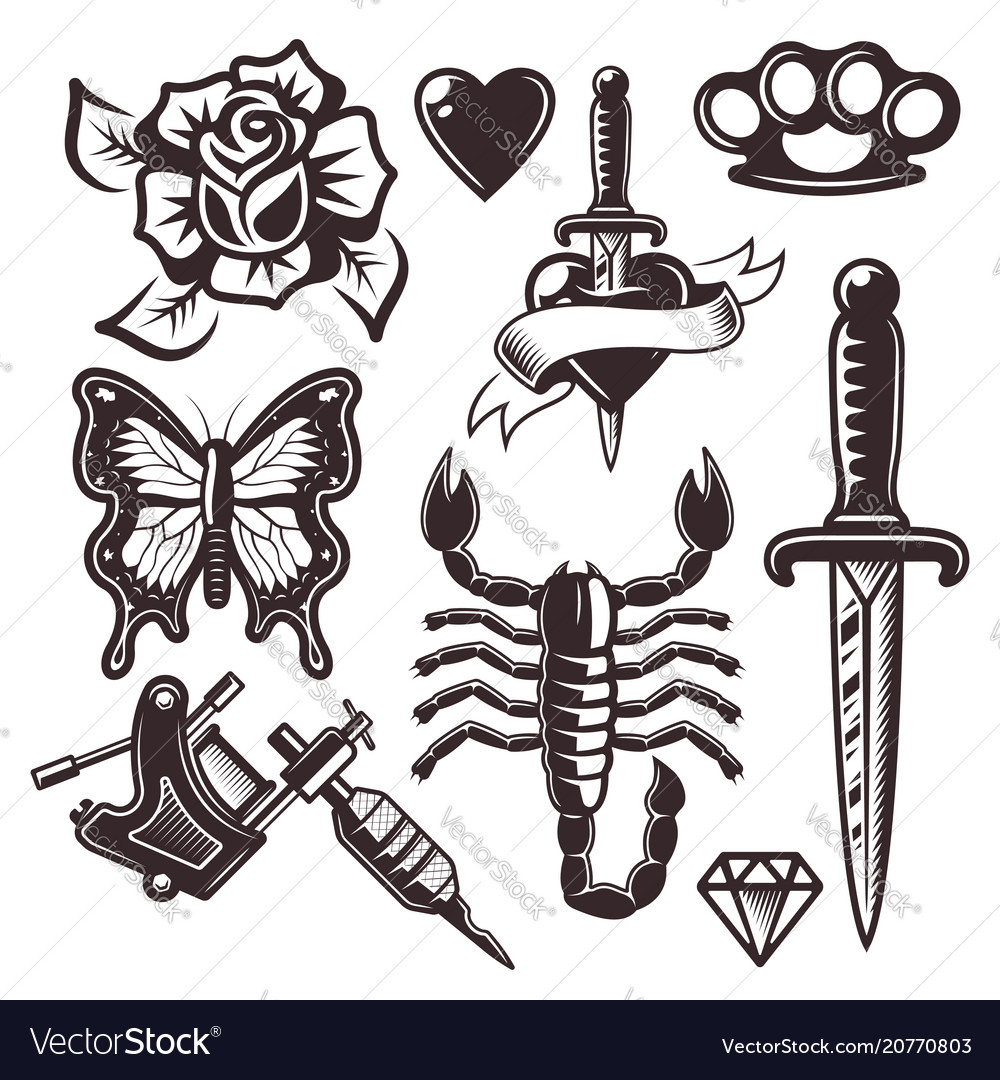 Tattoo set objects and design elements Royalty Free Vector