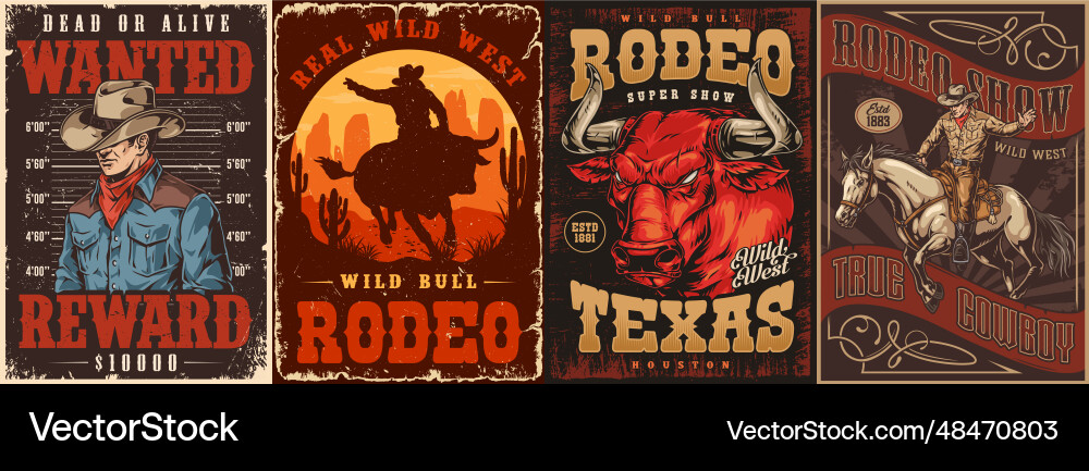 Western rodeo colorful set flyers Royalty Free Vector Image