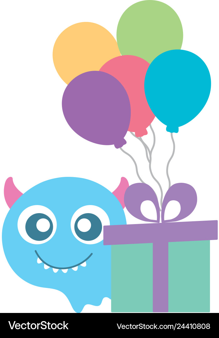 Crazy monster with gift and balloons helium Vector Image