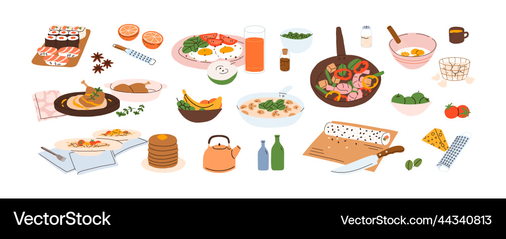 Dishes on plates bowls set dinner and lunch Vector Image