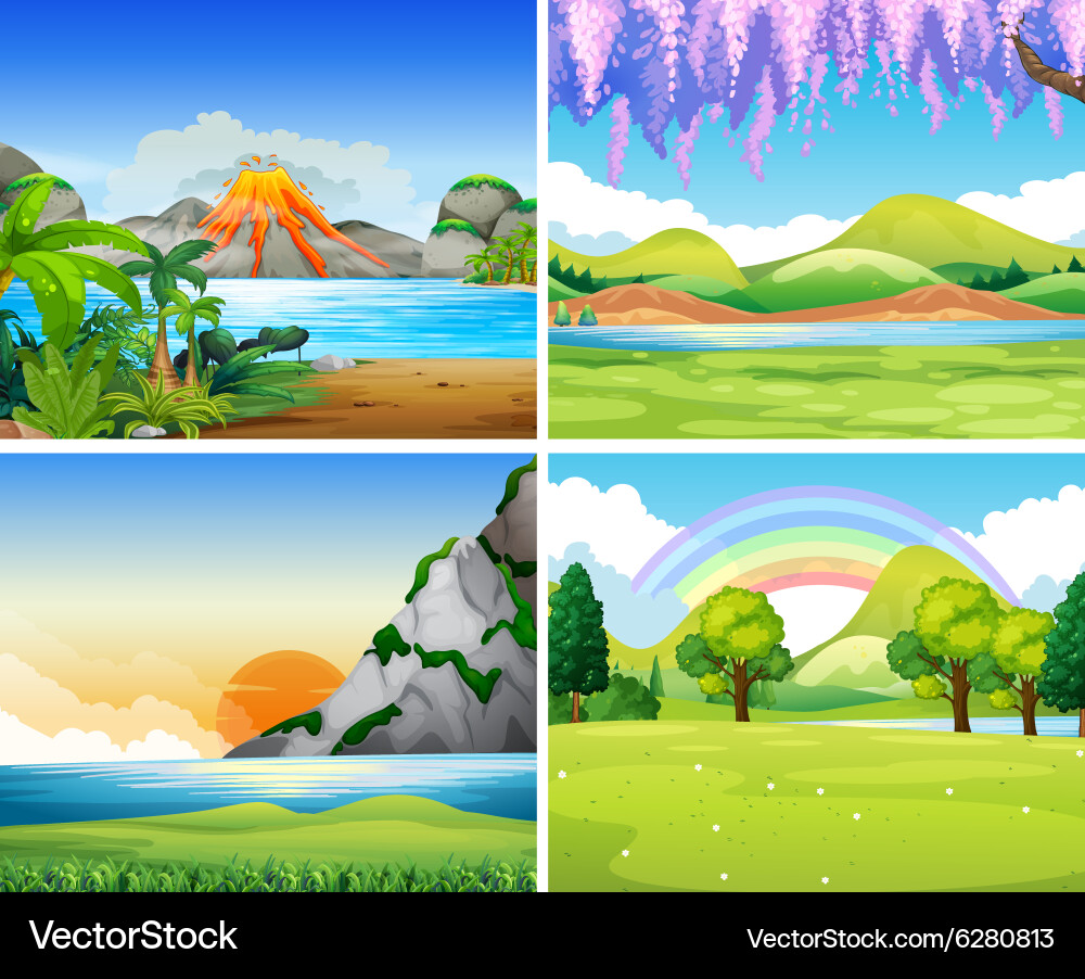 Four nature scenes with lake and park Royalty Free Vector