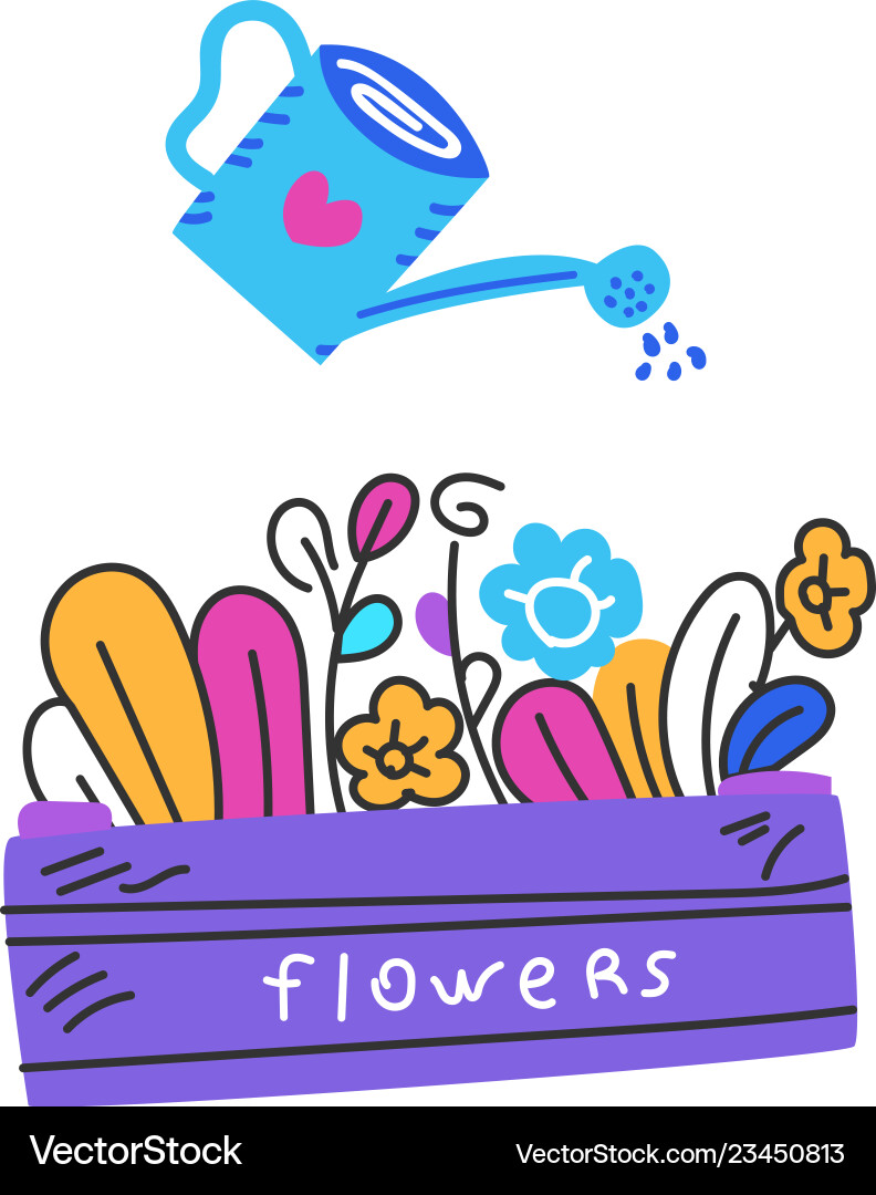 Watering can irrigate plants in a box drawn Vector Image