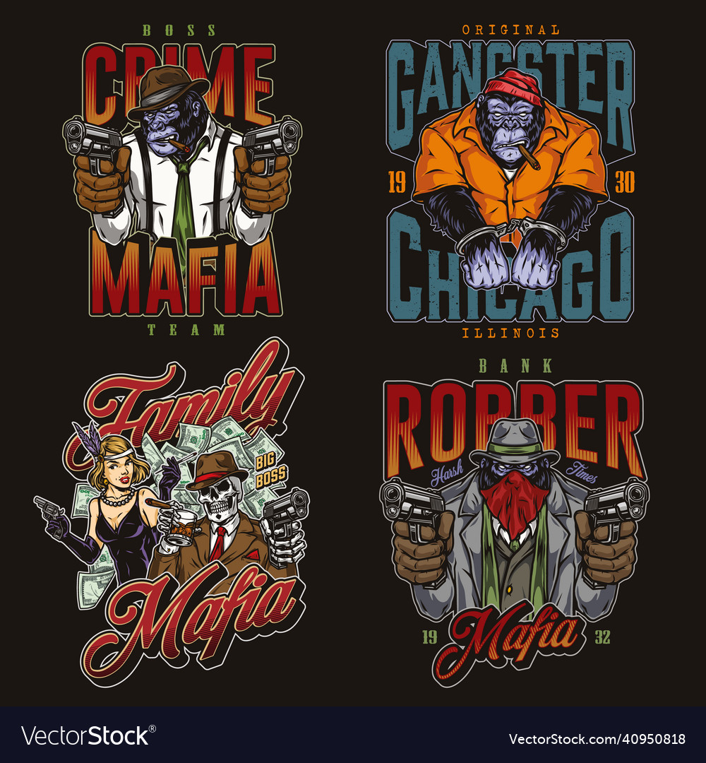 Colorful vintage mafia emblems set Royalty Free Vector Image Colorful vintage mafia emblems set Royalty Free Vector Image