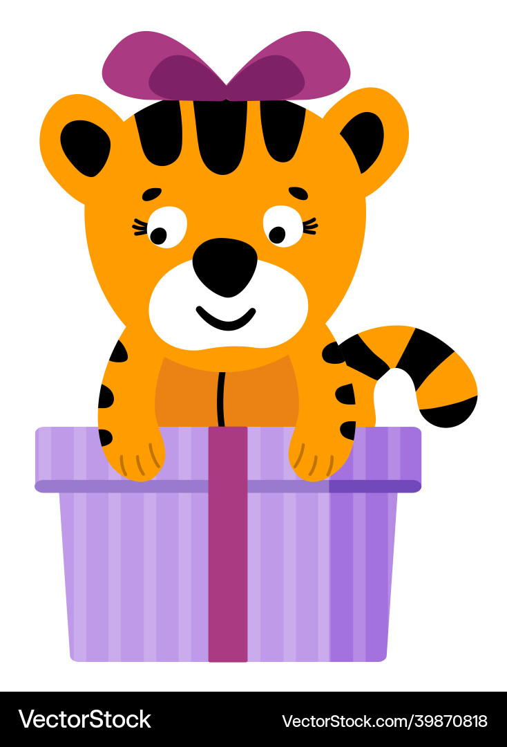 Cute hand-drawn tiger cub in a gift box Royalty Free Vector