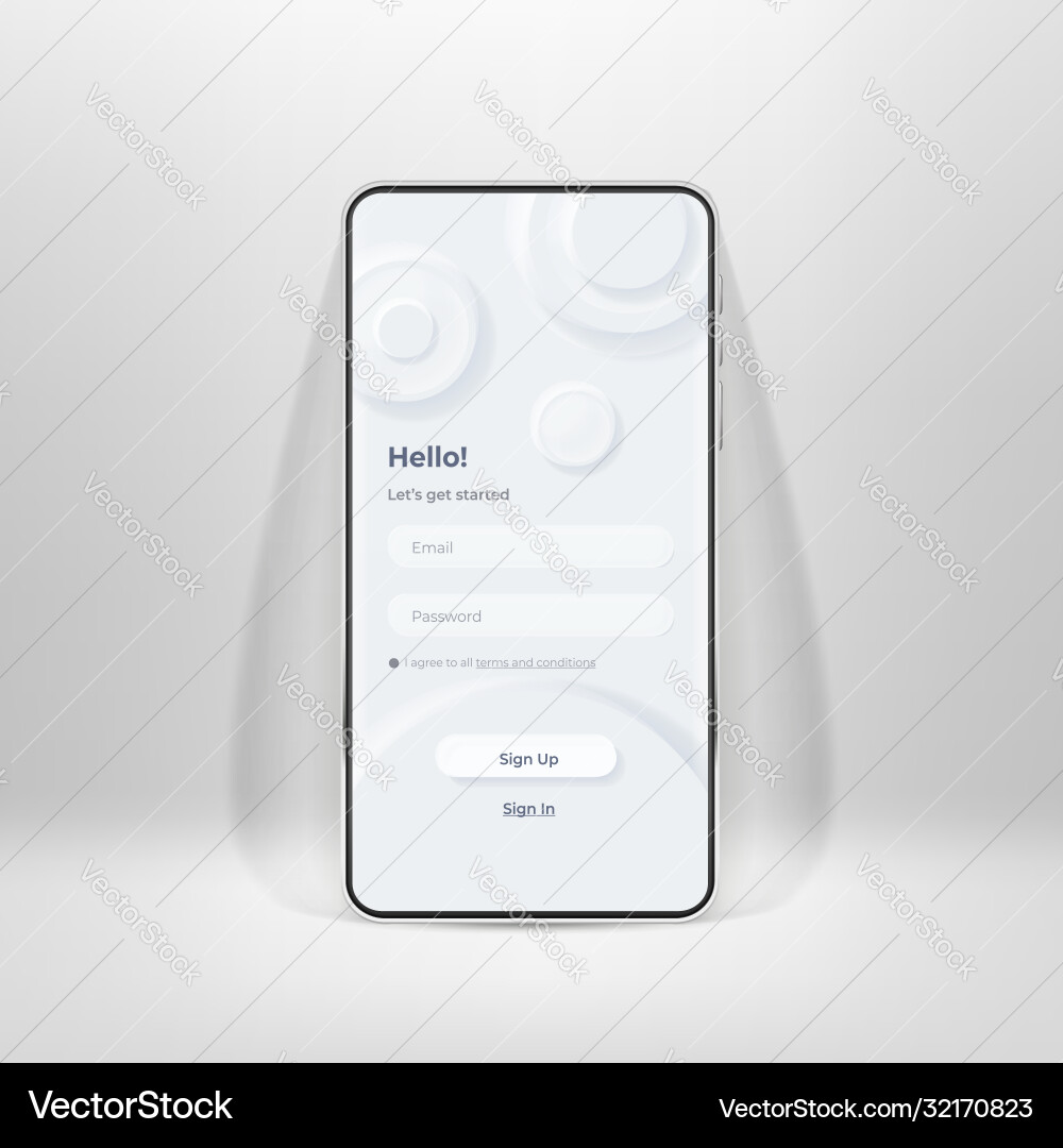 Neumorphic ui kit on smartphone screen login Vector Image