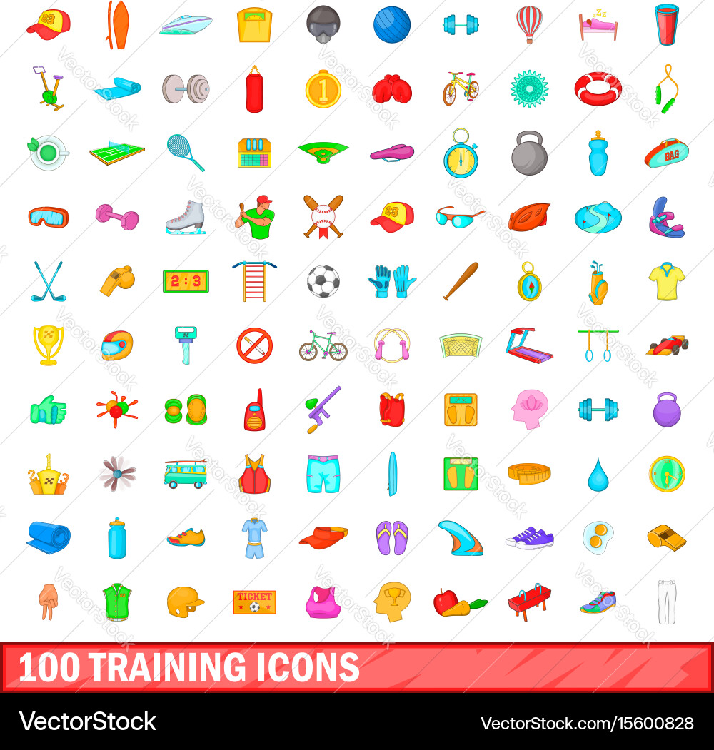 100 training icons set cartoon style Royalty Free Vector