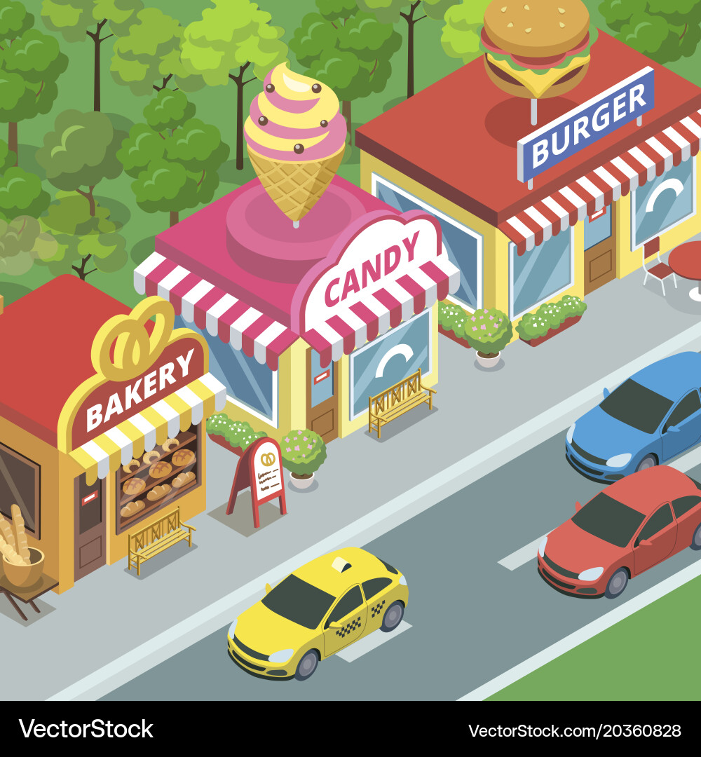 Street with food shops Royalty Free Vector Image