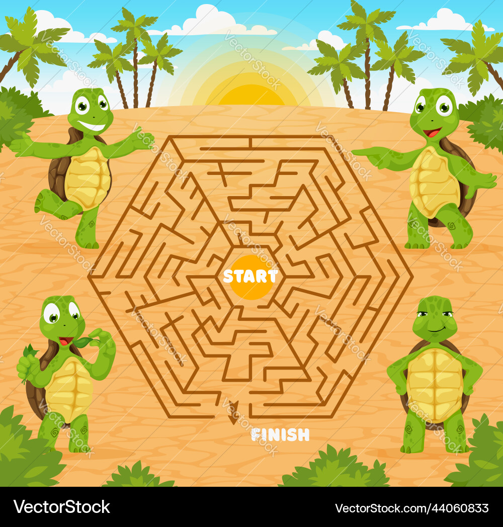 Labyrinth maze game help cartoon turtle find exit Vector Image