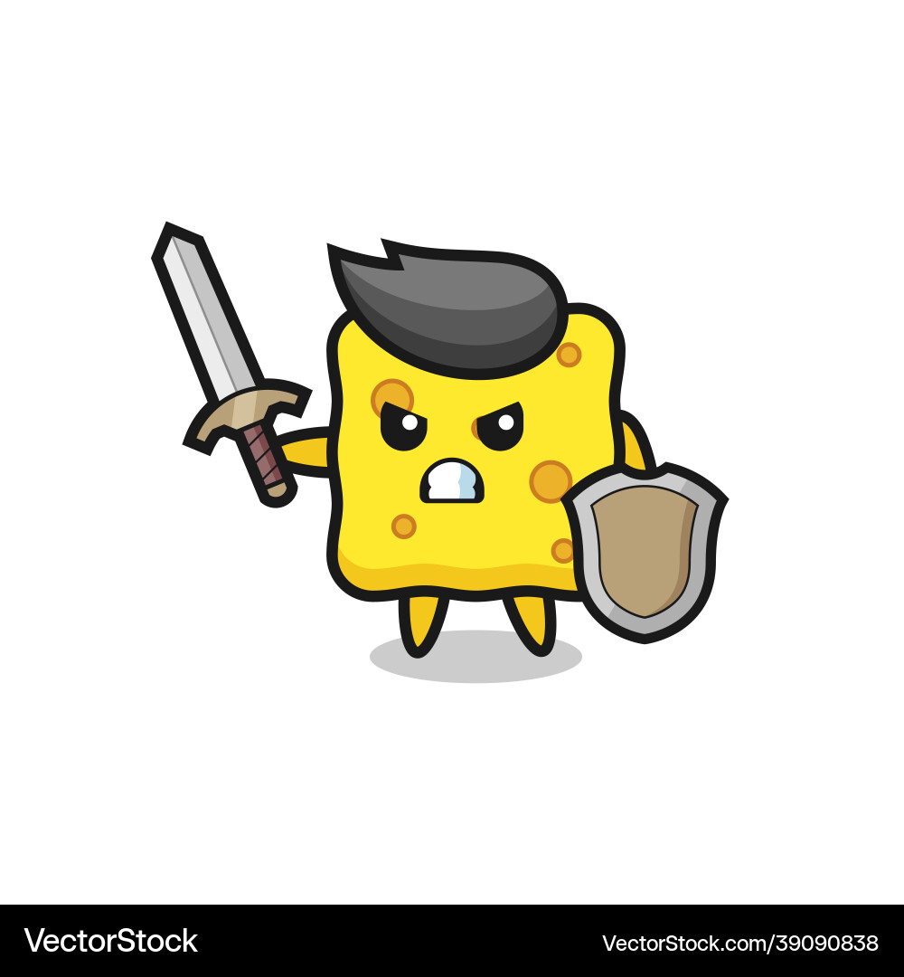 Cute sponge soldier fighting with sword and shield