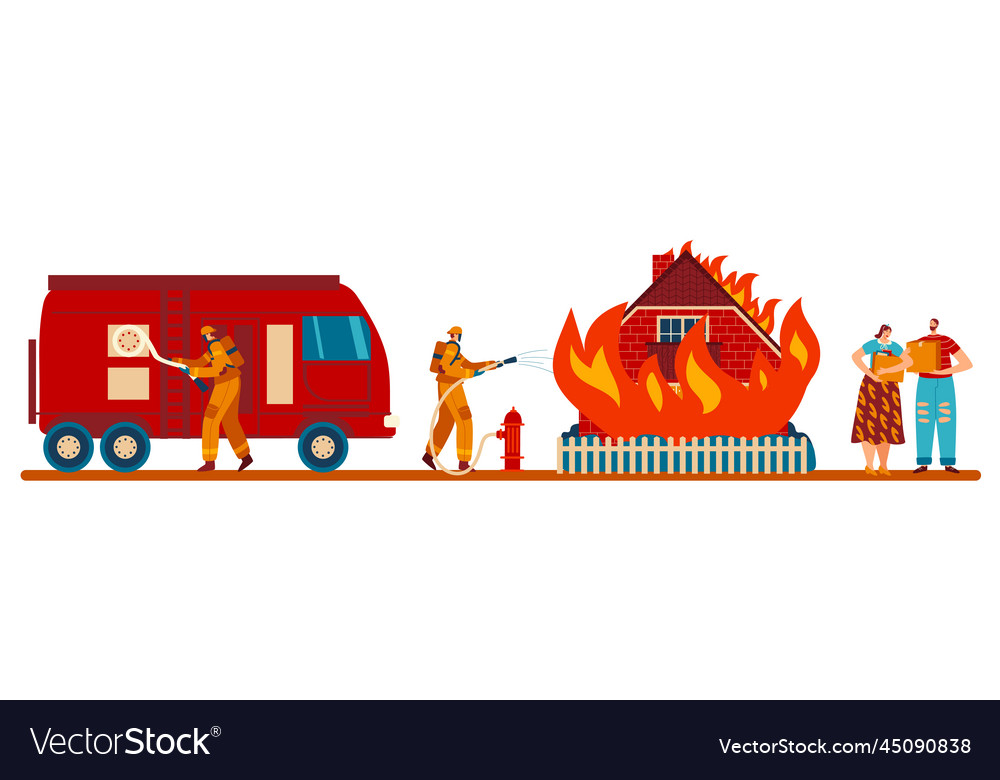 Firefighter extinguish fire in burning house Vector Image