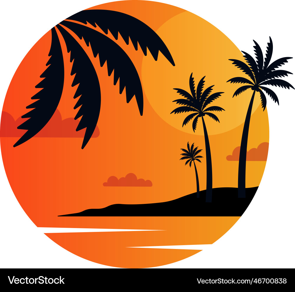Palms on beach sunrise round badge Royalty Free Vector Image