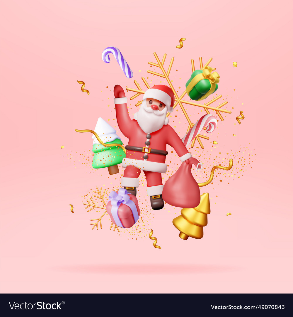 3d santa claus with gift bag and christmas tree Vector Image