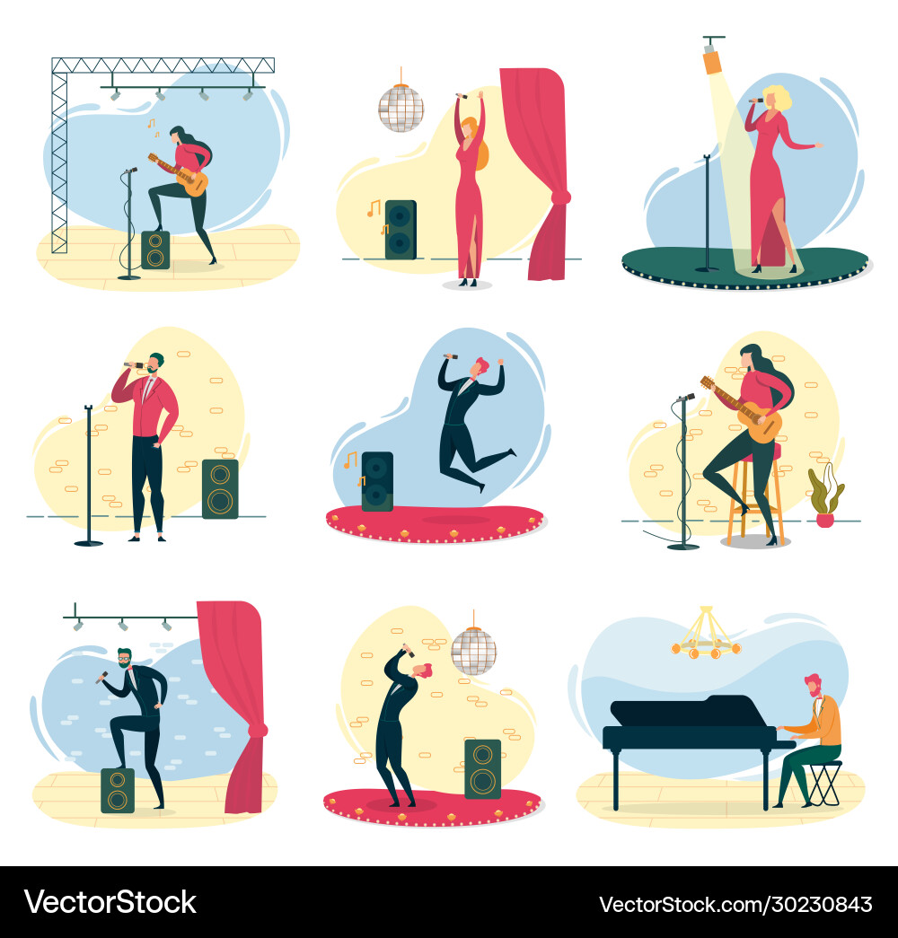 Different music artist character set on stage Vector Image