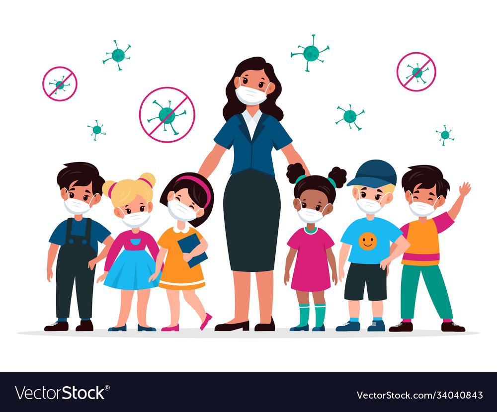 Kids with teacher with masks pedagogue and Vector Image