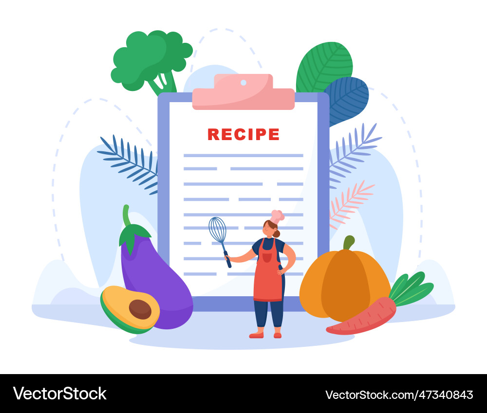 Tiny cook standing in front of recipe Royalty Free Vector