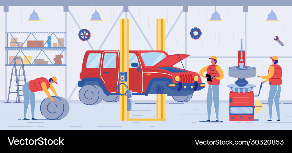 Cartoon technician in uniform change car wheel Vector Image
